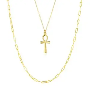 SPERO LONDON Sterling Silver Egyptian Ankh & Large Rectangular Chain Necklace - Gold