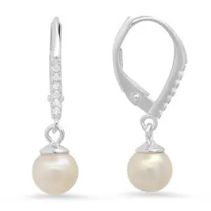 KYLIE HARPER Genuine Pearl & Diamond Cz Dangling Leverback Earrings In Sterling - Silver