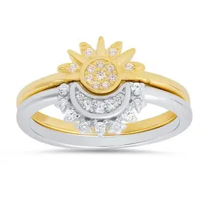 KYLIE HARPER Silver / Gold Two-tone Sun & Moon Diamond Cz 2pc Stackable Ring Set In Sterling Silver - Silver/gold