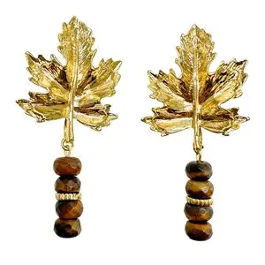 FARRA Maple Leaves Tiger Eye Dangle Statet Earrings - Brown