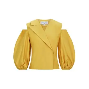 FEMPONIQ Cold Shoulder Puff Sleeve Lapel Top & Orange - Yellow