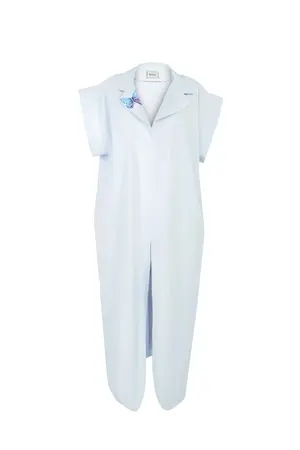 RONDOOZ Ivory Butterfly Hand Painted Linen Dress With Stone Embellisht & Butterfly Design - Blue