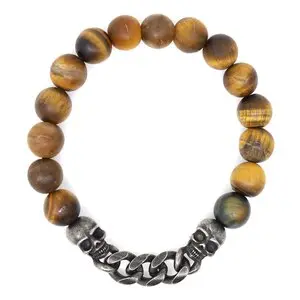 Shar Oke Brown / Silver Brown Tiger's Eye & Skulls Bracelet - Brown/silver