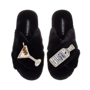 LAINES LONDON Classic Faux Fur Slippers With Embellished Martini And Vodka Brooches - Black