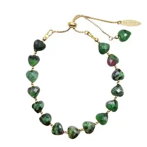 FARRA Heart Shaped Zoisite Gemstone Adjustable Bracelet - Green