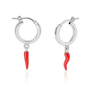 UNALOE Silver / Red Sterling Silver Hoop Earrings With Red Horn Pendant – Protective Italian Talisman Jewelry - Silver/red