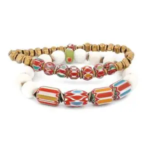 EBRU JEWELRY White / Gold Summer Vacation White Jade African Bead Bracelet Set White - White/gold