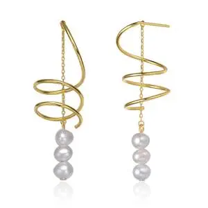 GENEVIVE Sterling Silver Plated With Genuine Freshwater Pearl Swirling Drop Earrings - Gold