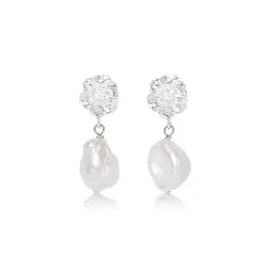 PEARLS OF THE ORIENT ONLINE Silver Cherry Blossom & Baroque Cultured Freshwater Pearl Drop Earrings - Silver/white