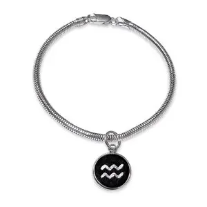 N'DAMUS LONDON Aquarius Zodiac Charm Bracelet In Sterling Silver And Leather - Black