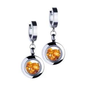 MY LITTLE NATURE Orange / Silver Huggie Earrings With Natural Amber Stone Designer Jewellery Dangle Amber Earrings Orange Earrings - Orange/silver