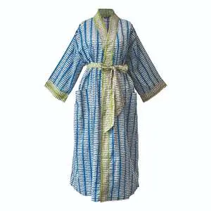 LIME TREE DESIGN Full Length Cotton Kimono Beach Cover Up & Mustard Fish - Blue