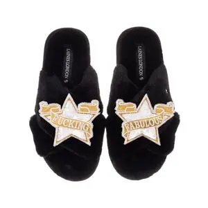 LAINES LONDON Classic Slippers With Embellished Brooches - Black