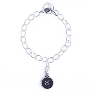 N'DAMUS LONDON Silver / Black Taurus Zodiac Sterling Silver & Leather Curb Bracelet - Silver/black
