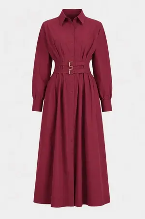 EXQUISE Belted Fitted Waist Midi Shirt Dress – Burgundy - Red