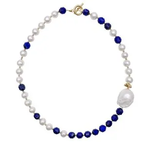 FARRA Freshwater Pearls & Lapis Lazuli Unique Short Necklace - Blue