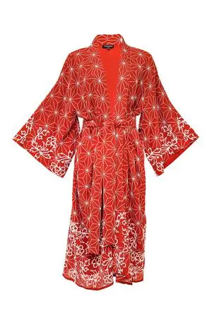 ARTEMIS MUSE Asanoha & Peony Embroide Terracotta Fully Lined Long Kimono