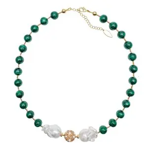 FARRA Malachite Stones With Baroques Pearls Sophisticated Necklace - Green