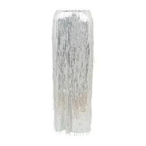 SOUR FIGS Fringed Sequin Maxi Skirt - Silver