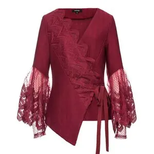 SMART AND JOY Lace Edges Knitted Wrap-over Top - Red
