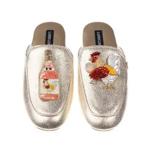 LAINES LONDON Classic Mules With Chicken Wine Brooches - Gold