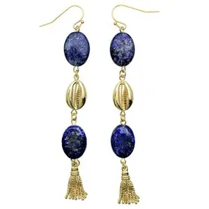 FARRA Oval Lapis With Shell Charm Elongated Earrings - Blue