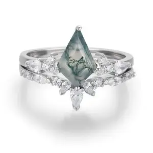 AZURA JEWELRY NEW YORK Nebula Nights Moss Agate Ring Set White Gold Vermeil - Silver