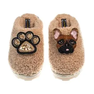 LAINES LONDON Teddy Closed Toe Slippers With Frenchie & Paw Brooches - Brown