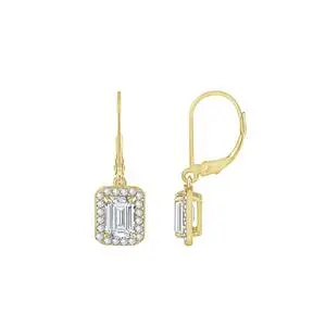 DIAMONBLISS Emerald Cut Halo Leverback Earrings, Two Carats, Yellow - Gold