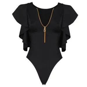 ANTONINIAS Juliet Zip Front One Piece Swimwear With Ruffles - Black