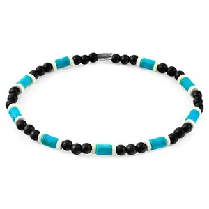 ANCHOR & CREW Turquoise, White Agate & Black Ebony Wood Samuel Silver & Stone Skinny Bracelet - Blue