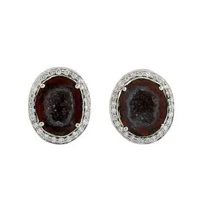 ARTISAN White / Black Geode & Diamond Oval Stud Earrings In 18k White Gold - White/black