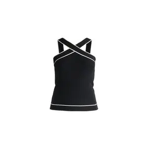 PAISIE Contrast Detail Crisscross Halterneck Knit Top - Black