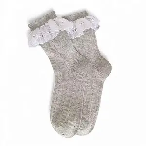 HIGH HEEL JUNGLE BY KATHRYN EISMAN Bobby Lace Frill Trim Cotton Bobby Socks - Grey