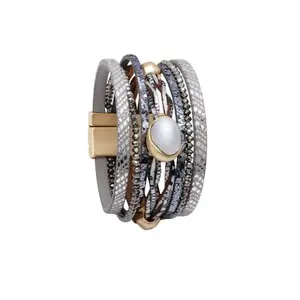 Saachi Leather Beaded Orb Bracelet - Grey