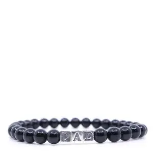 Shar Oke Black / Silver Black Tourmaline & Sterling Silver Dad Letters Beaded Bracelet - Black/silver