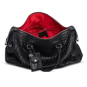 HIDES LEATHER CO. Black / Red Vintage Hand-woven Leather Duffle, Large Travel Bag - Black/red
