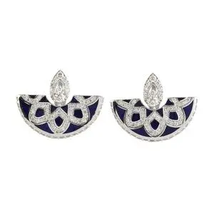 ARTISAN White / Blue Blue Enamel & Diamond Art Deco Fan Earrings In 18k White Gold - White/blue