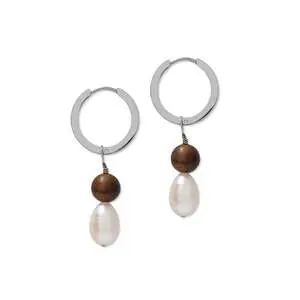 A WEATHERED PENNY Large Pearl & Wooden Hoops - Silver