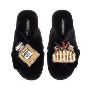 LAINES LONDON Embellished Faux Fur Cross Strap Slippers - Black