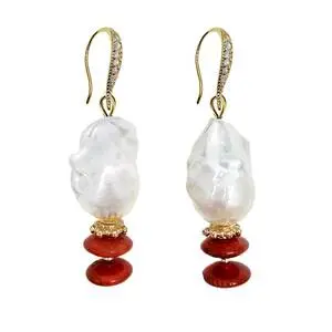 FARRA Baroque Pearl With Bamboo Coral Earrings - Red