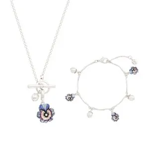 FABLE ENGLAND Pansy & Pearl Toggle Necklace & Charm Bracelet Set - Silver