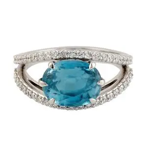 ARTISAN 18k White Gold Oval Blue Zirconia And Diamond Split Shank Ring