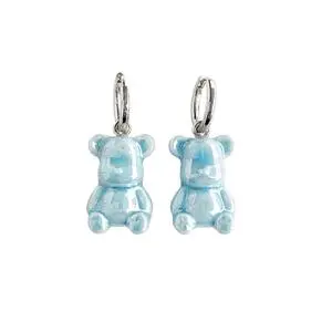 POPORCELAIN Baby Porcelain Teddy Bear Earrings, Silver Tone - Blue