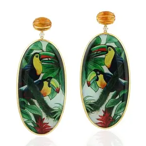 ARTISAN Bakelite Motif Drop Earrings With Citrine & Diamond In 18k Yellow - Gold