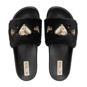 RETTROSE Ella Luxury Plush Diamanté Embellished Handmade Sliders - Black