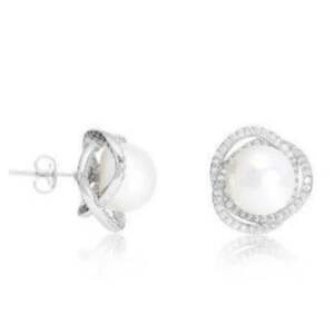PEARLS OF THE ORIENT ONLINE Cultured Freshwater Pearl Stud Earrings With Pave Swirl Surround In Sterling Silver - Silver/white