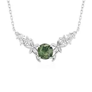AZURA JEWELRY NEW YORK Silver Leaf Moss Agate Necklace In White Gold Vermeil - Green/silver
