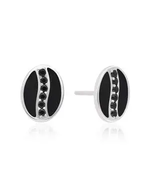 THE JEWELZ Silver / Black Oval Black Spinel & Enamel Stud Earrings - Silver/black