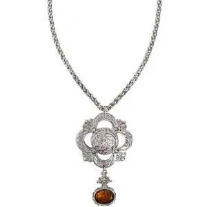 CARAMEL VINTAGE JEWELLERY Ornate Amber Pendant Necklace - Silver